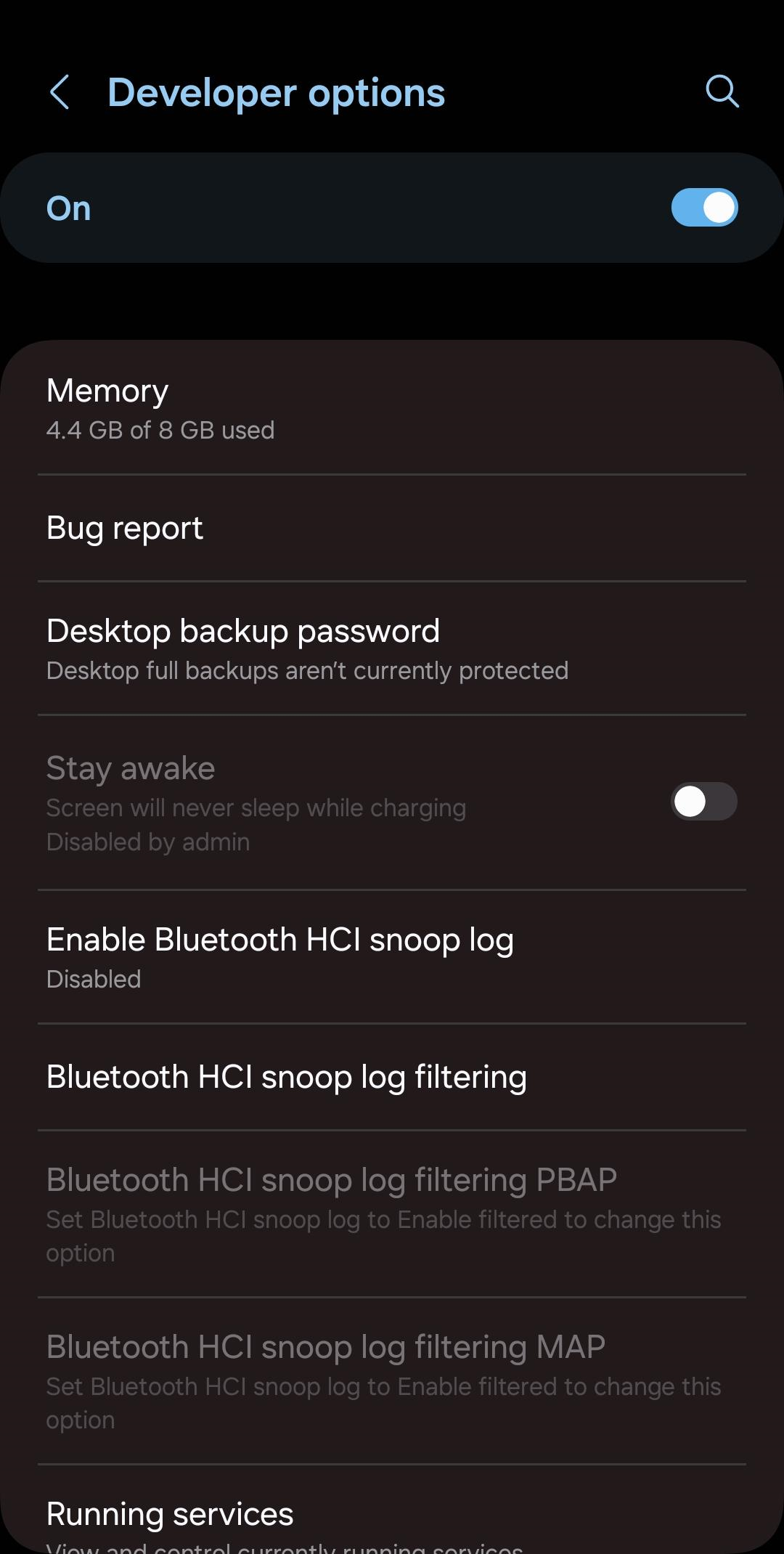 Developer settings view of an Android Phone